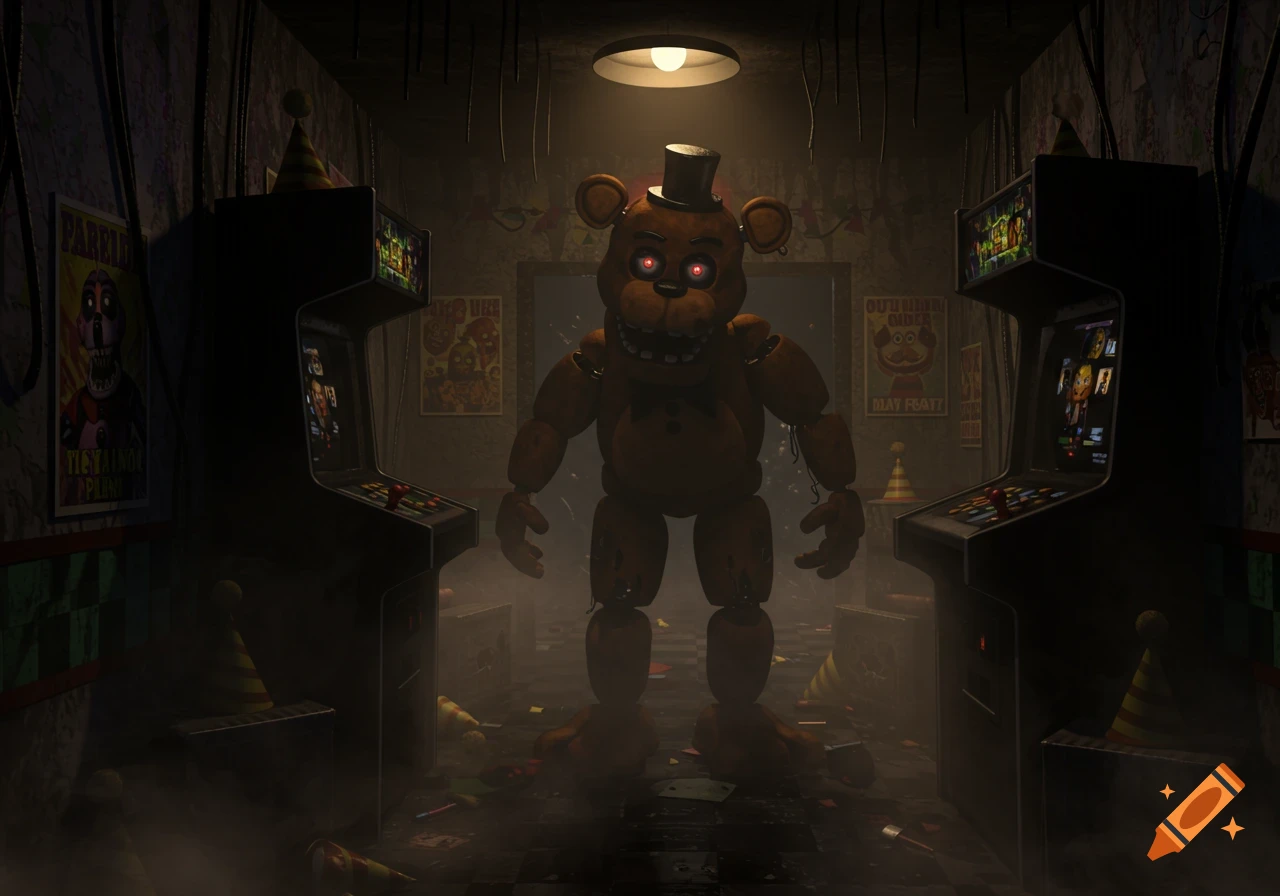 A creepy patchwork puppet with big eyes waves from a candy store window ...