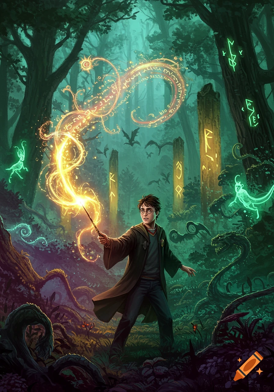 Young Harry Potter in Hogwarts robes and glasses casts a spell with a ...