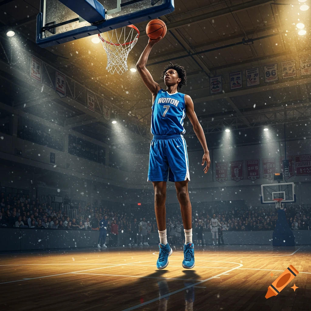 A vibrant illustration of a basketball player performing a powerful ...