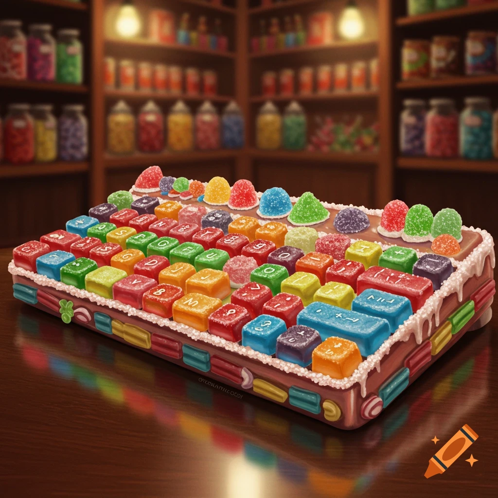A colorful candy keyboard with various gumdrop and jellybean keys sits ...