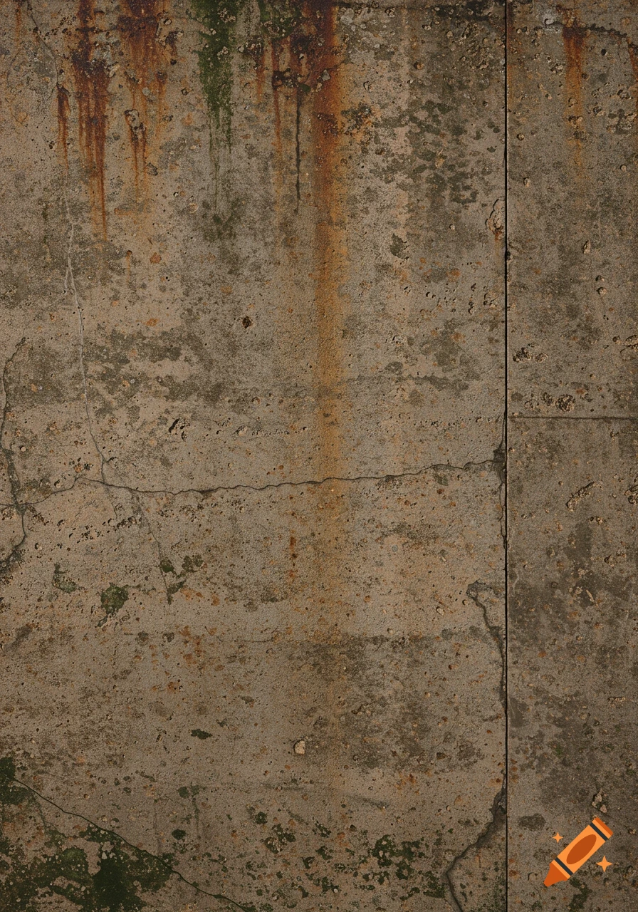 Close-up of a weathered, stained concrete wall with vertical rust ...