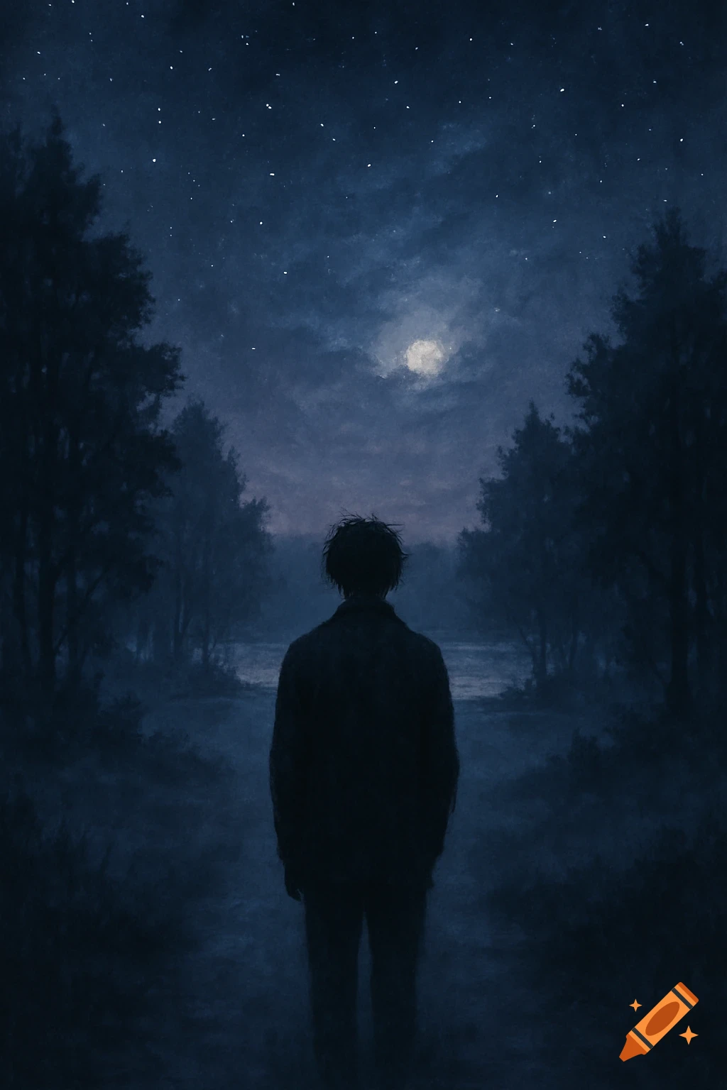 A black stick figure stands on a reflective surface under a pastel pink ...