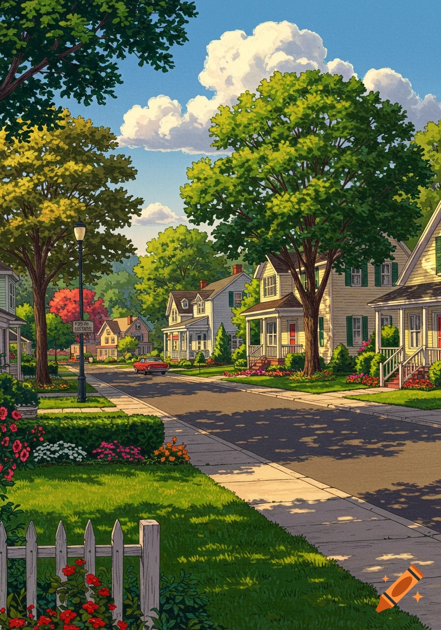 Idyllic suburban street with detached houses, lush green trees, and ...