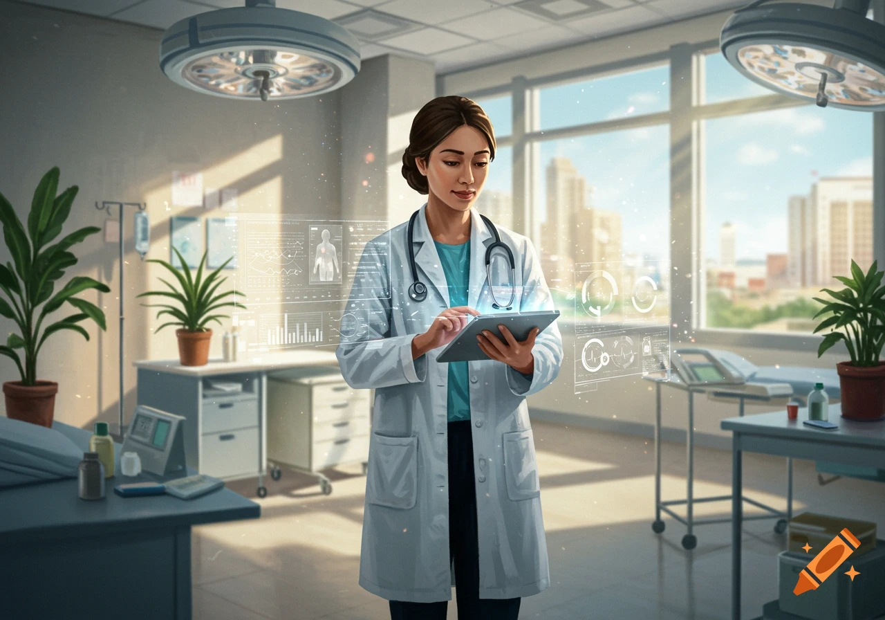 A diverse group of doctors, nurses, and patients in a bright, modern ...