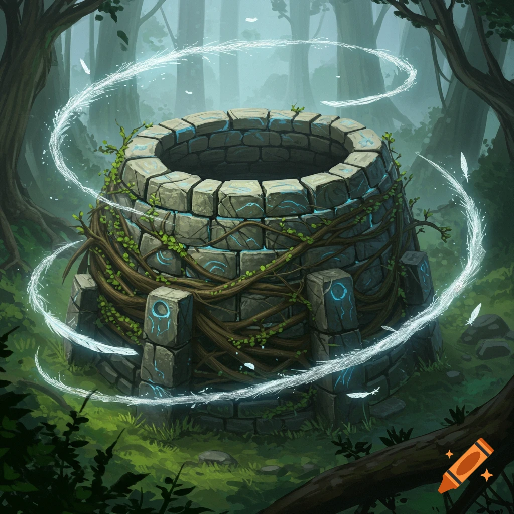 An enchanted stone well in a misty forest, adorned with vines, glowing ...