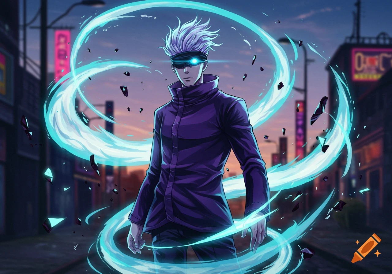 Anime character Gojo Satoru in a dynamic pose, split vertically with ...