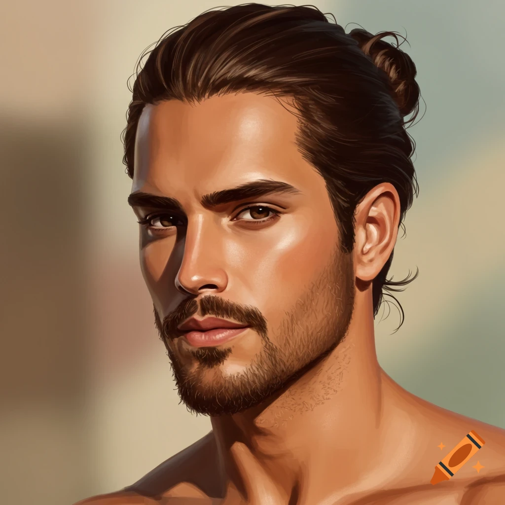 Close-up portrait of a young man with dark, wavy hair and a light beard ...