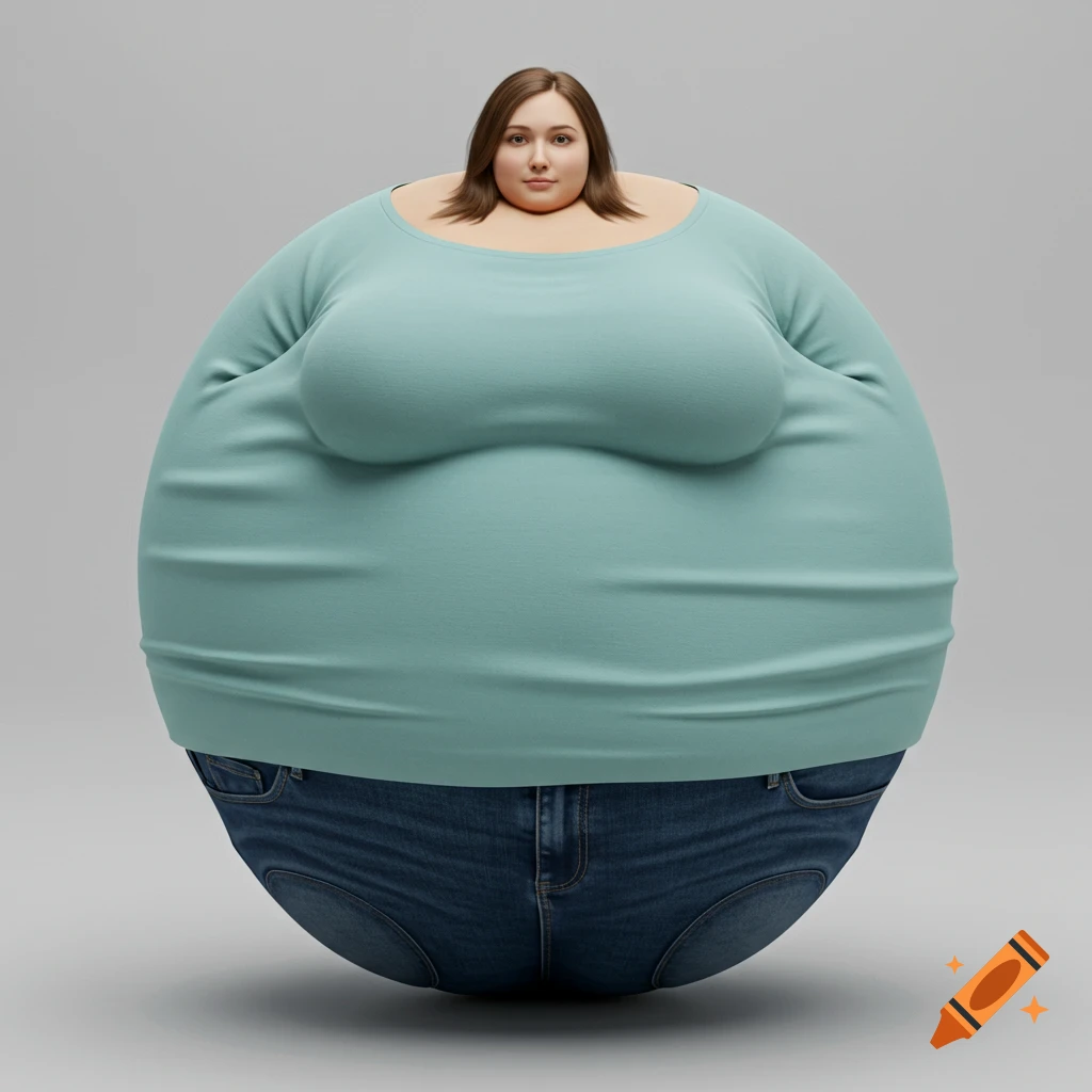A woman with a neutral expression has an exaggerated, spherical body ...