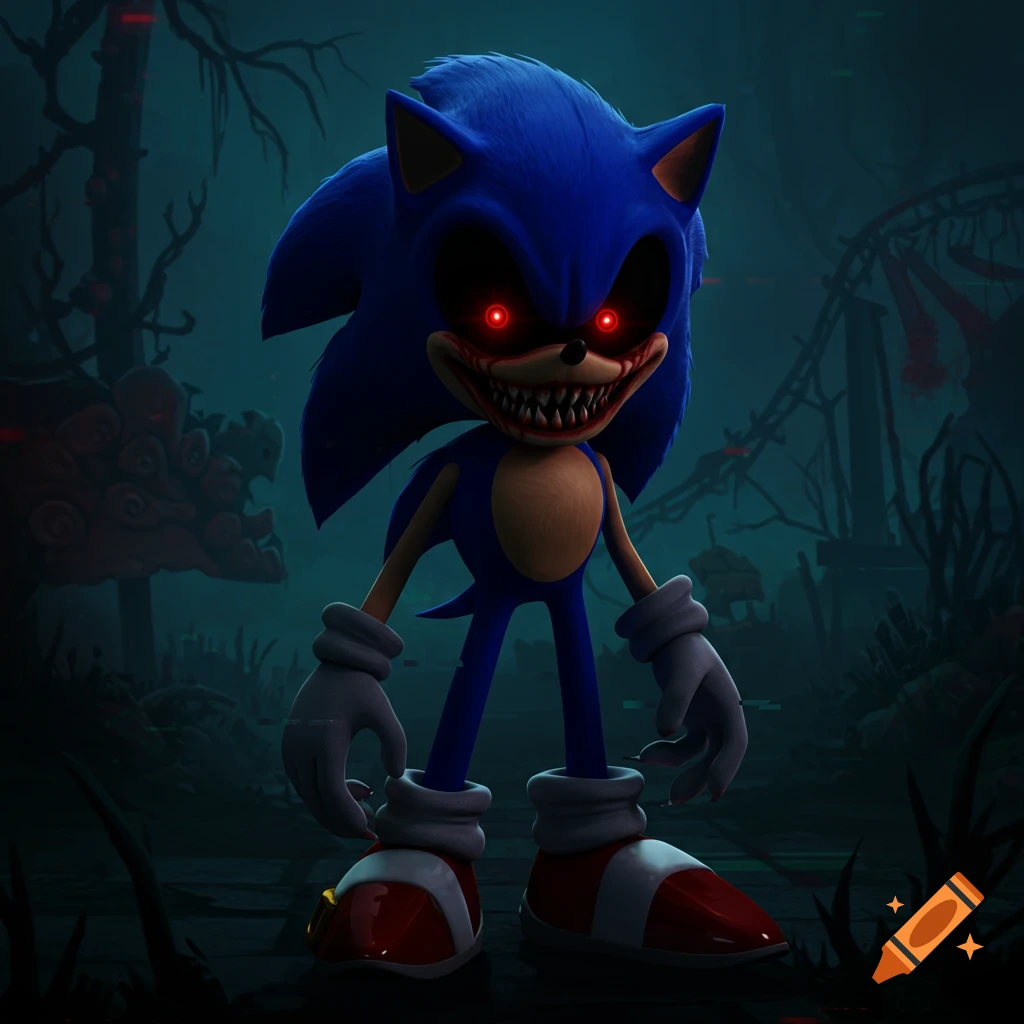 A creepy Sonic.exe character with red glowing eyes and sharp teeth ...