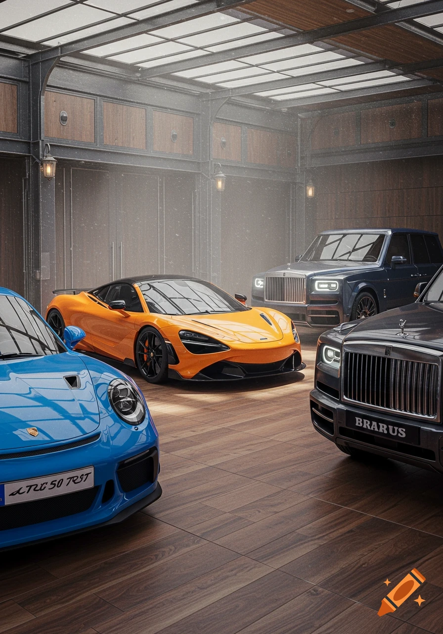 A red Ferrari 308 GTS parked inside a modern wooden garage, viewed ...