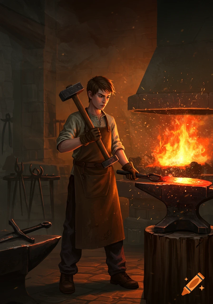 Muscular medieval blacksmith hammering a hot sword on an anvil in a ...