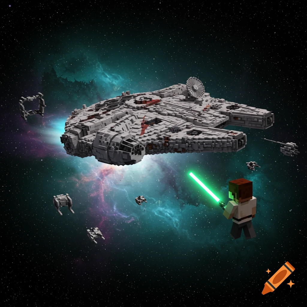 A Minecraft character with a green lightsaber stands near a voxelated ...