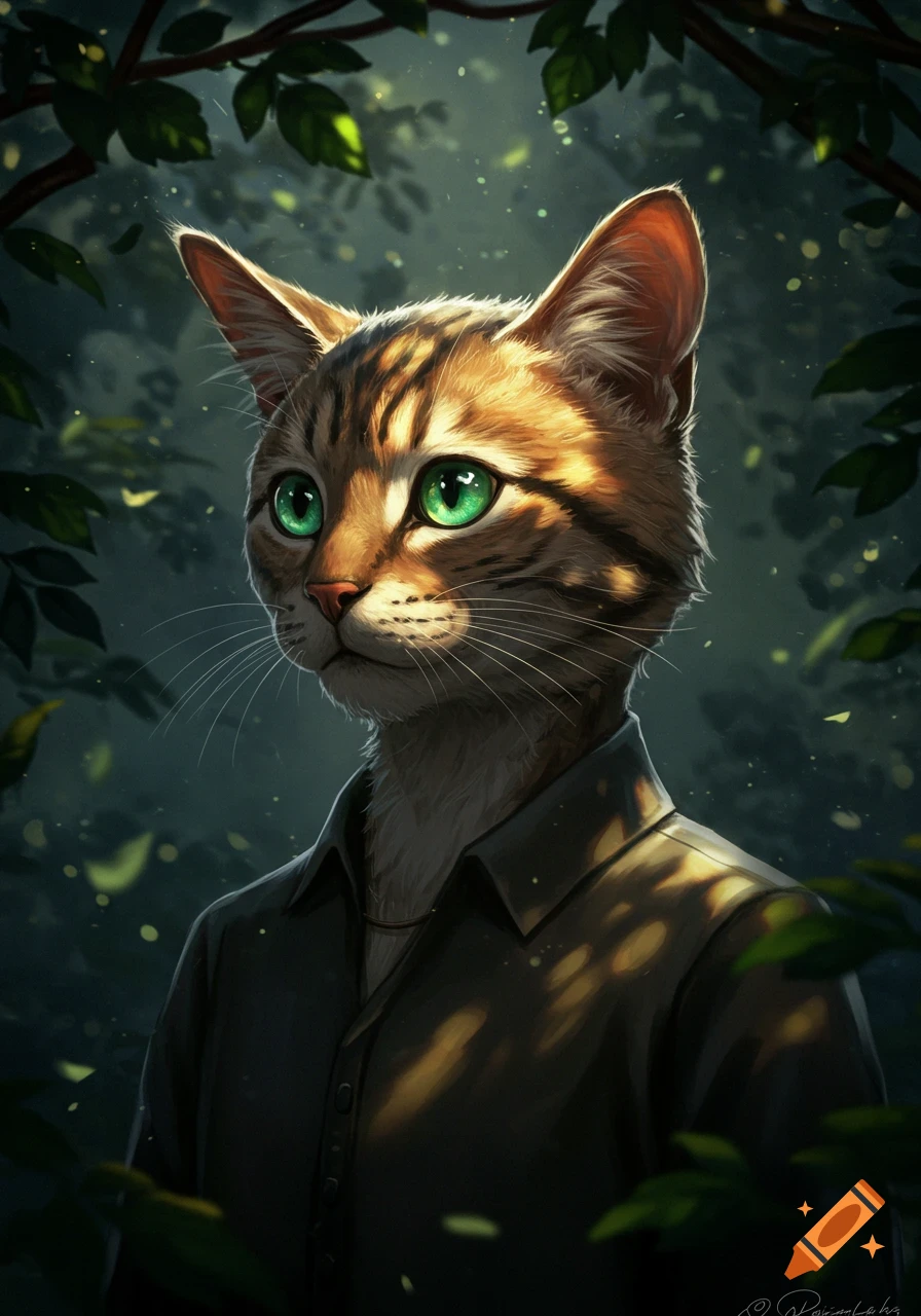 A fantasy tabby cat warrior in dark armor holds a sword and a bow in a ...