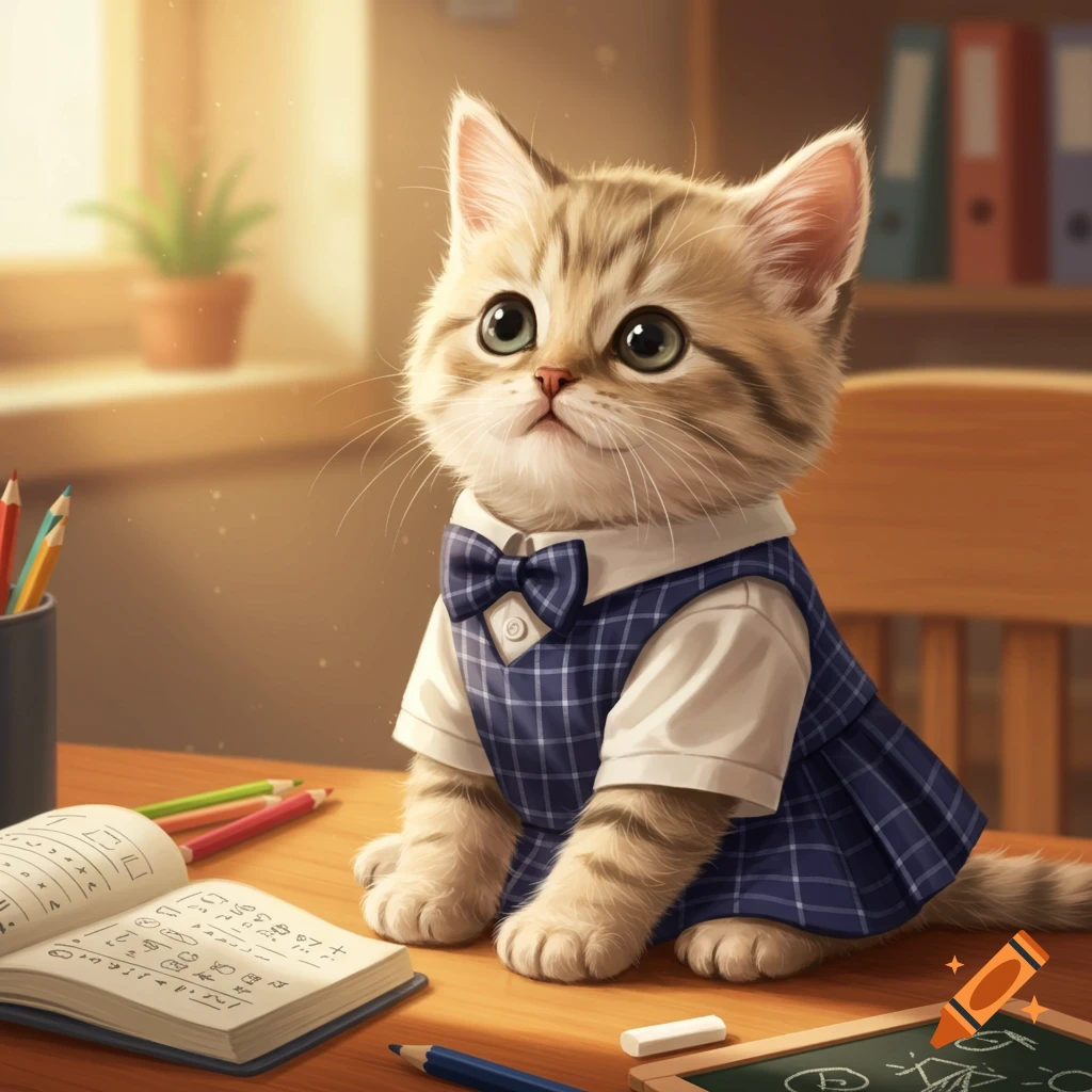 A cute tabby kitten in a blue plaid school uniform sits at a wooden ...