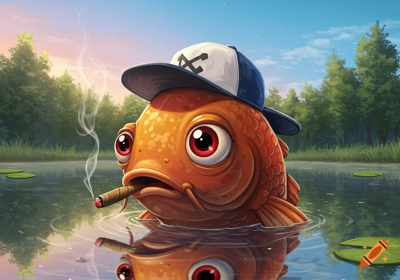A cartoon goldfish with big red anime eyes and a backward baseball cap ...