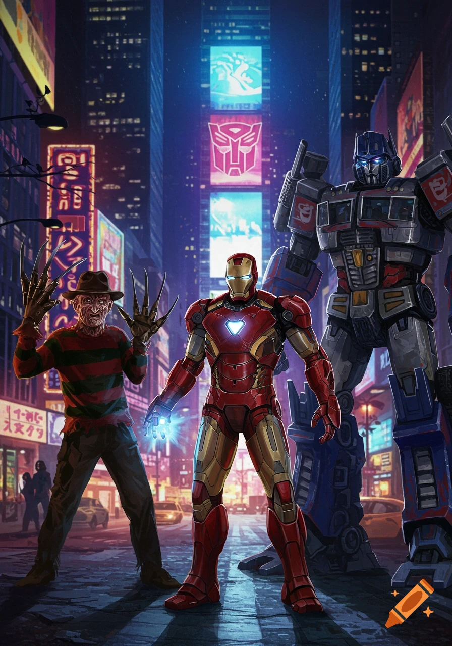 Iron Man rides a futuristic red motorcycle through a neon-lit city at ...