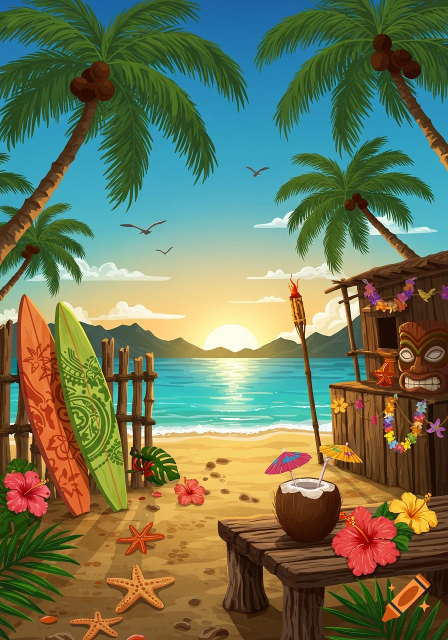 Illustrated tropical beach at sunset with palm trees, surfboards, a ...