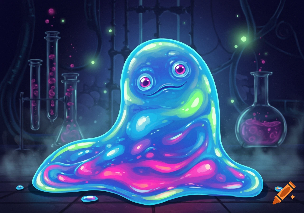 Goofy green slimy blob monster with big eyes and a wide smile, standing ...