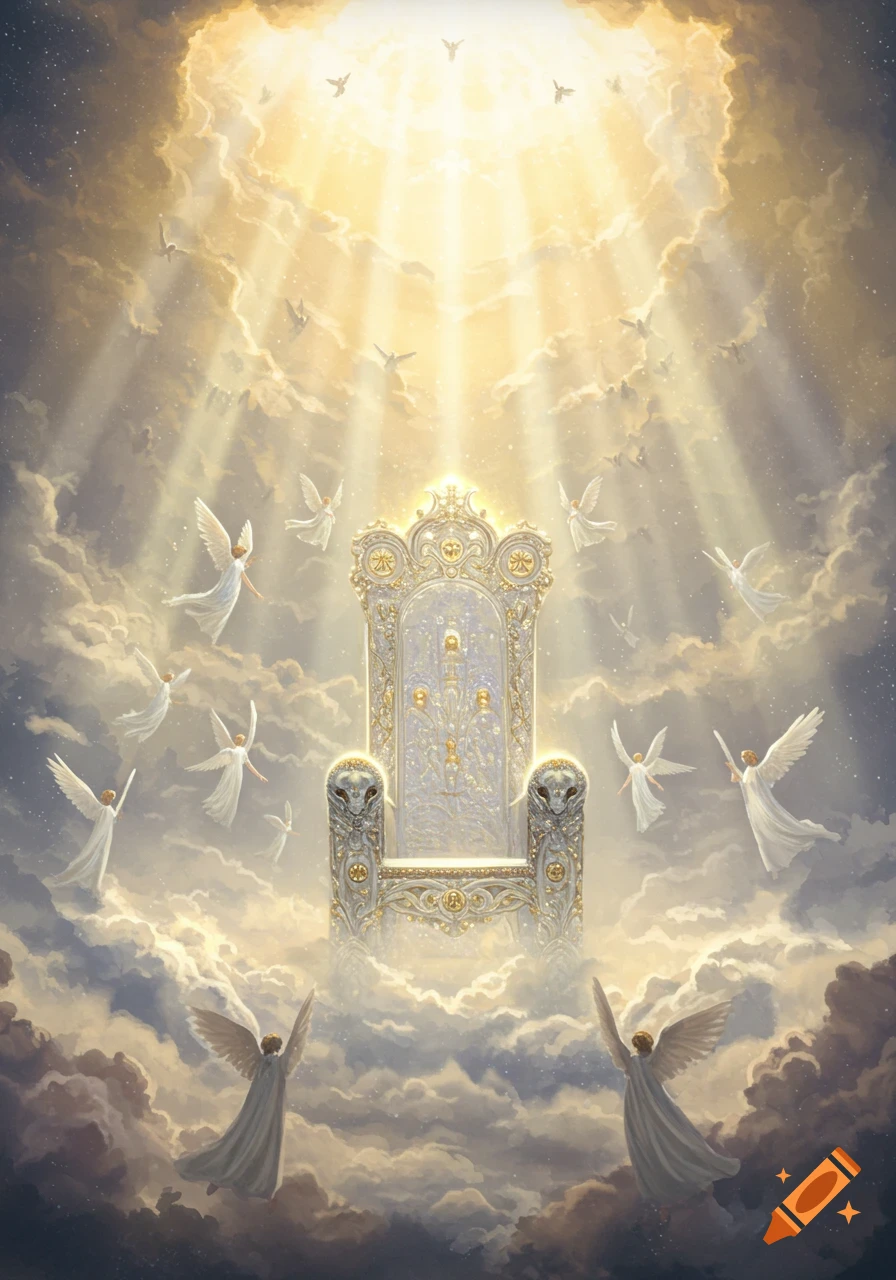 A majestic angel with large wings and a halo stands over a man kneeling ...