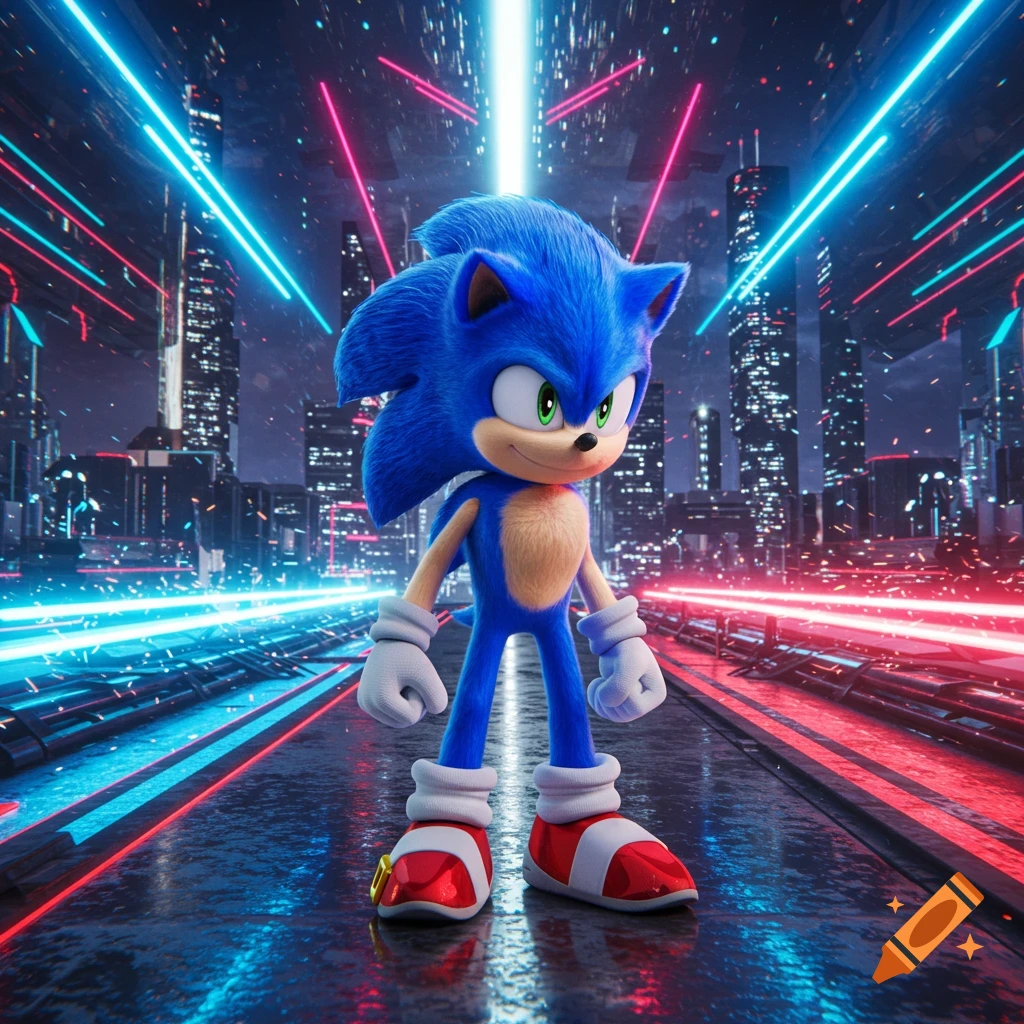 Sonic the Hedgehog runs at super speed, leaving a blue lightning trail ...