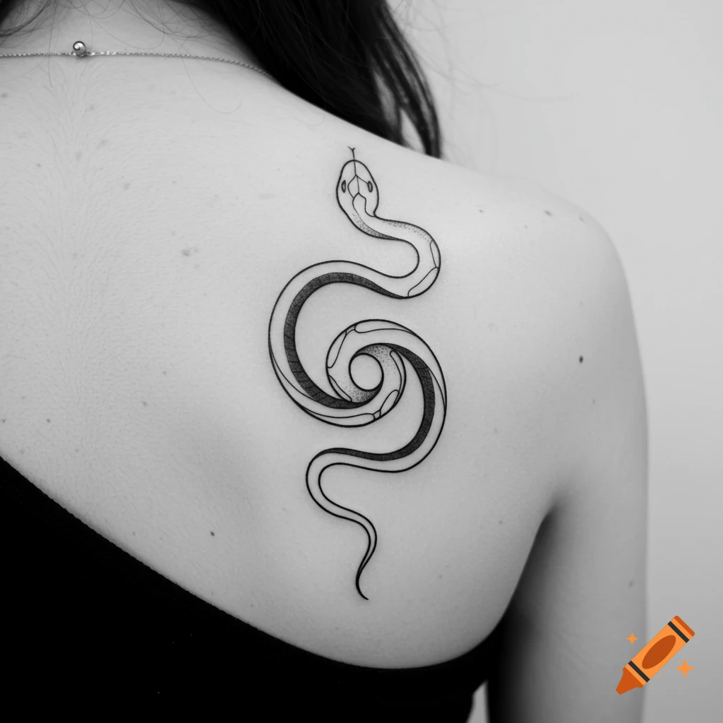 A minimalist black line art snake tattoo on a person's upper back and ...