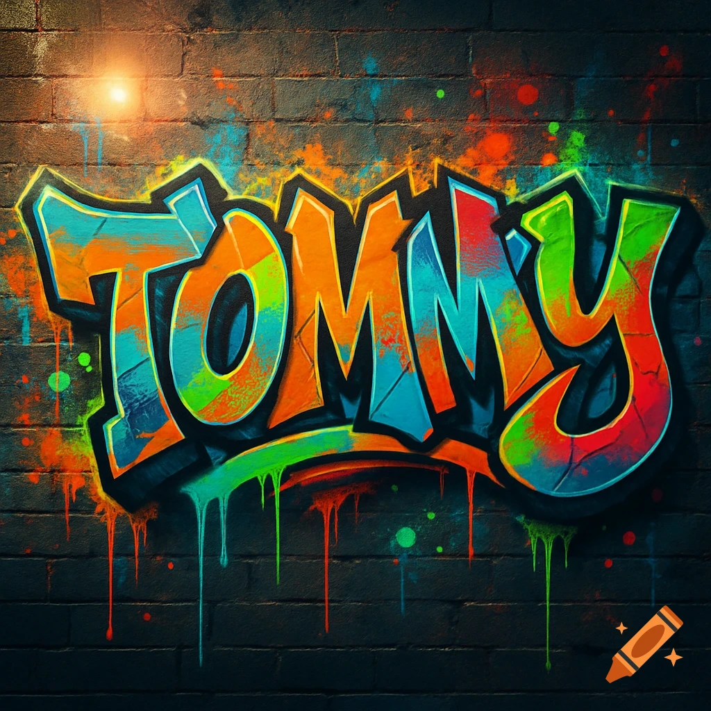 The name Tommy rendered in vibrant, colorful graffiti letters on a dark ...