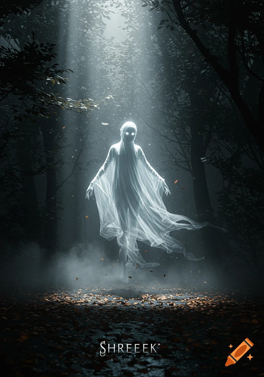 A glowing, translucent ghost figure with bright eyes stands in a dark ...