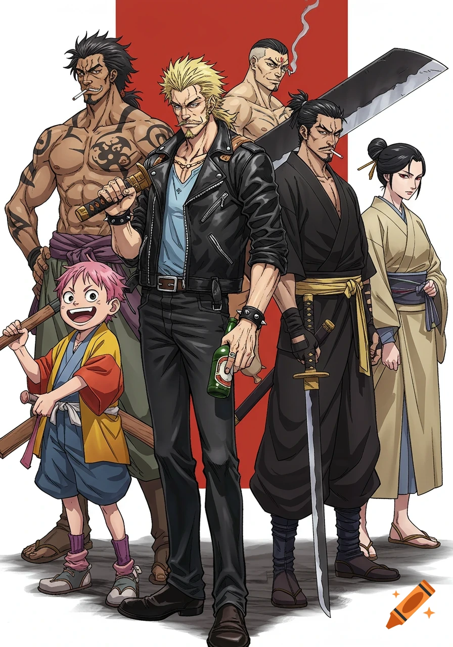 Eight anime-style prisoners, one young woman barefoot, seven buff men ...