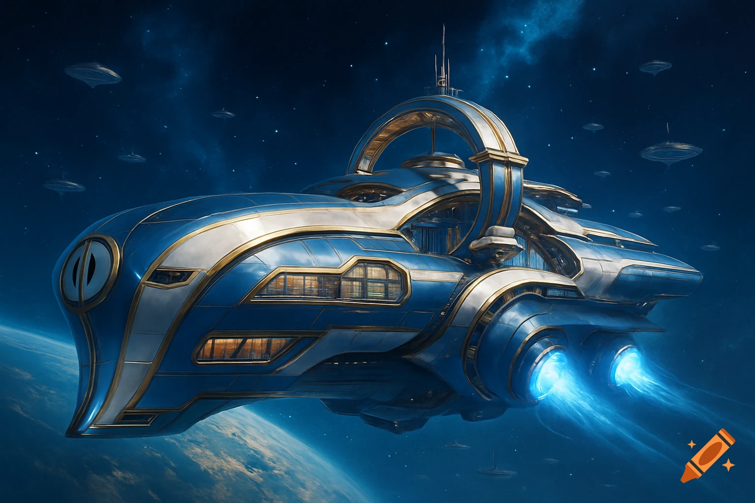 An elegant blue, white, and gold futuristic spaceship with glowing blue ...