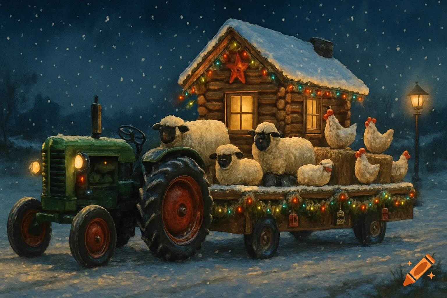 A painterly scene of a robin flying over a snowy field with a snowman ...