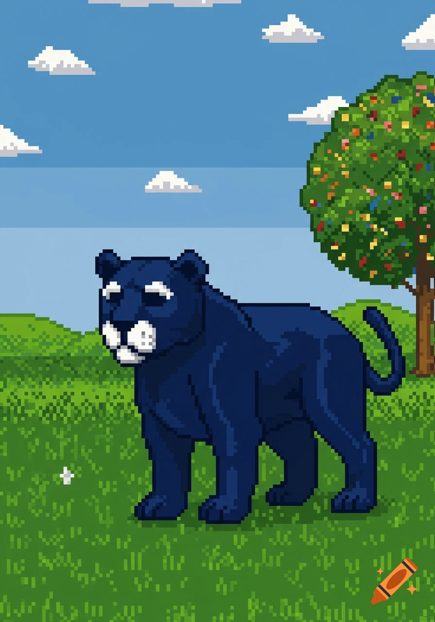 Pixel art black panther standing in a green field with a tree and ...