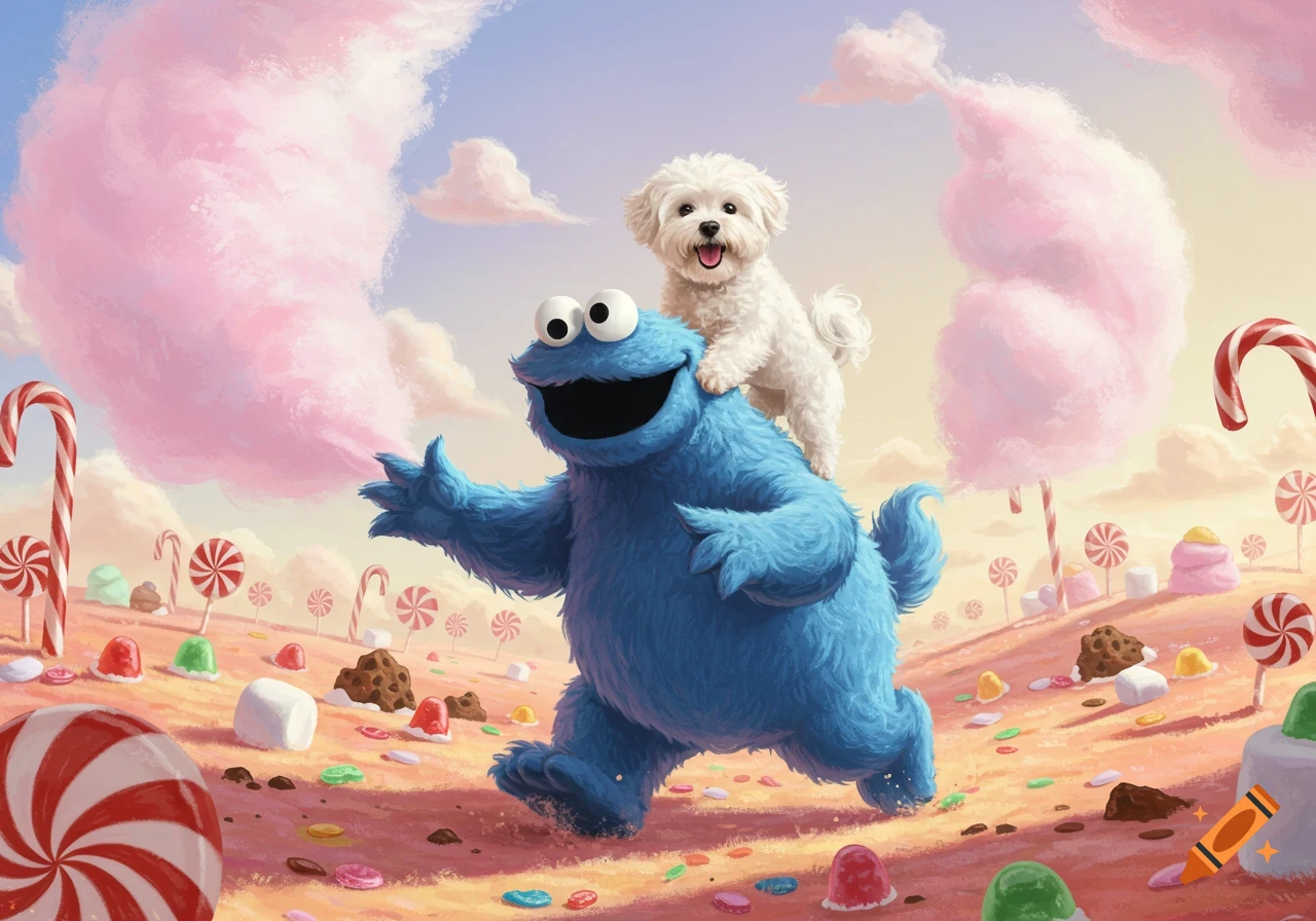 Cookie Monster carries a white bichon frise dog through a colorful ...