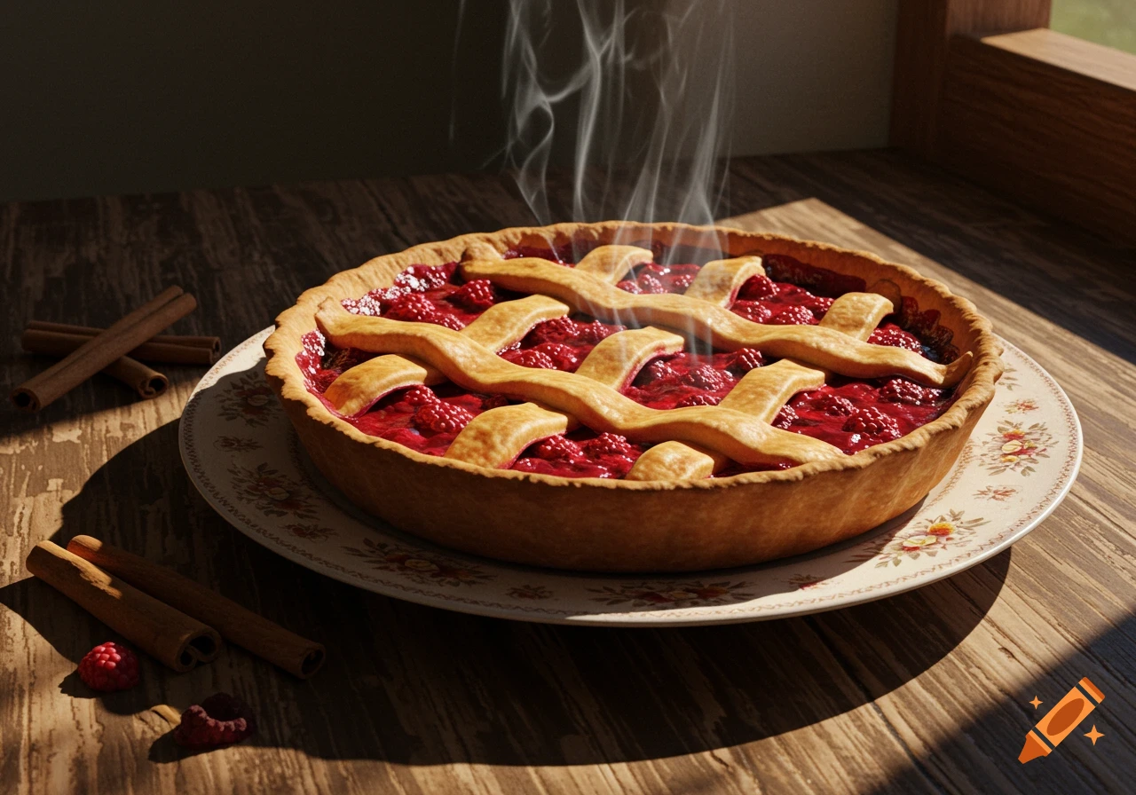 A steaming raspberry pie with a lattice crust on a floral plate ...