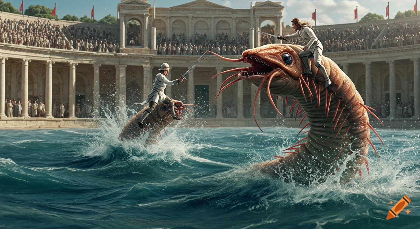 Two warriors ride giant worm-like creatures, sword fighting in ...