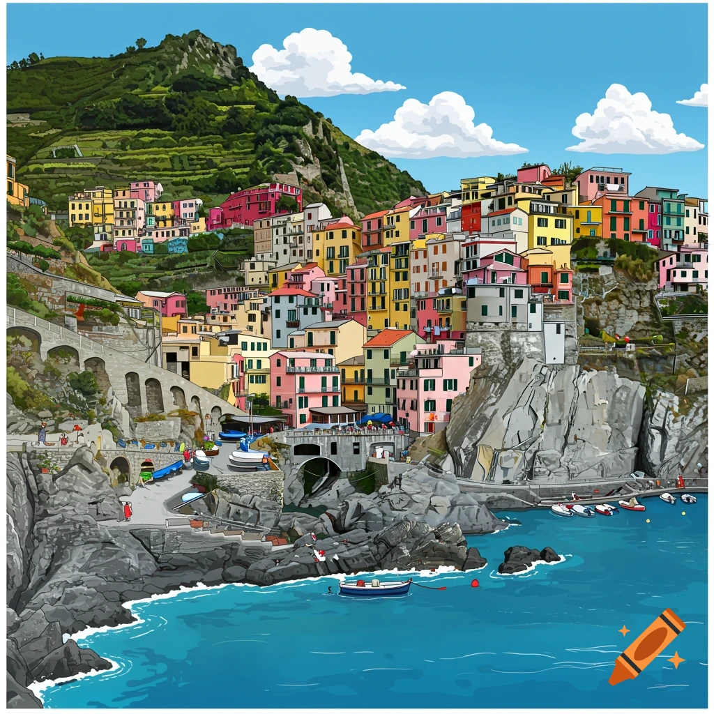 Colorful cartoon coastal Italian village with houses built into a green ...