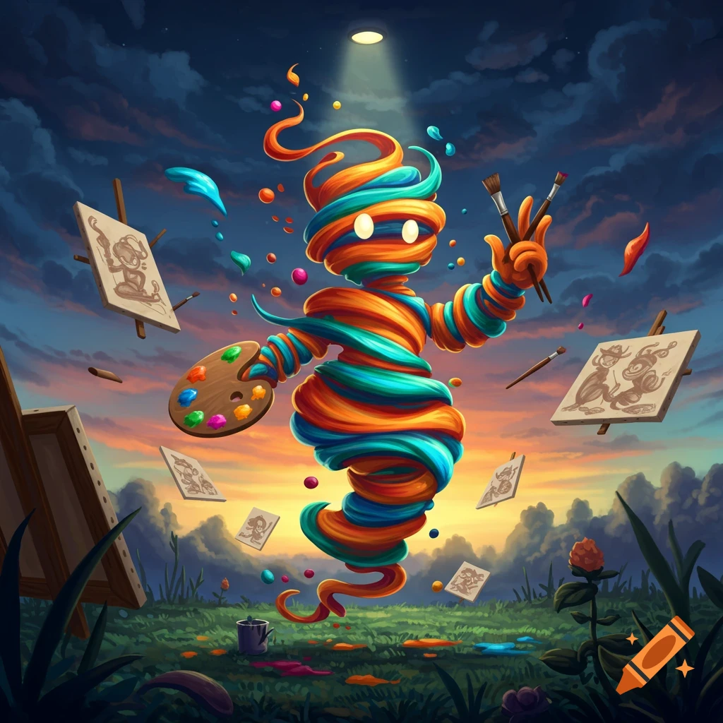 A whimsical, colorful ribbon creature holds a palette and brushes ...