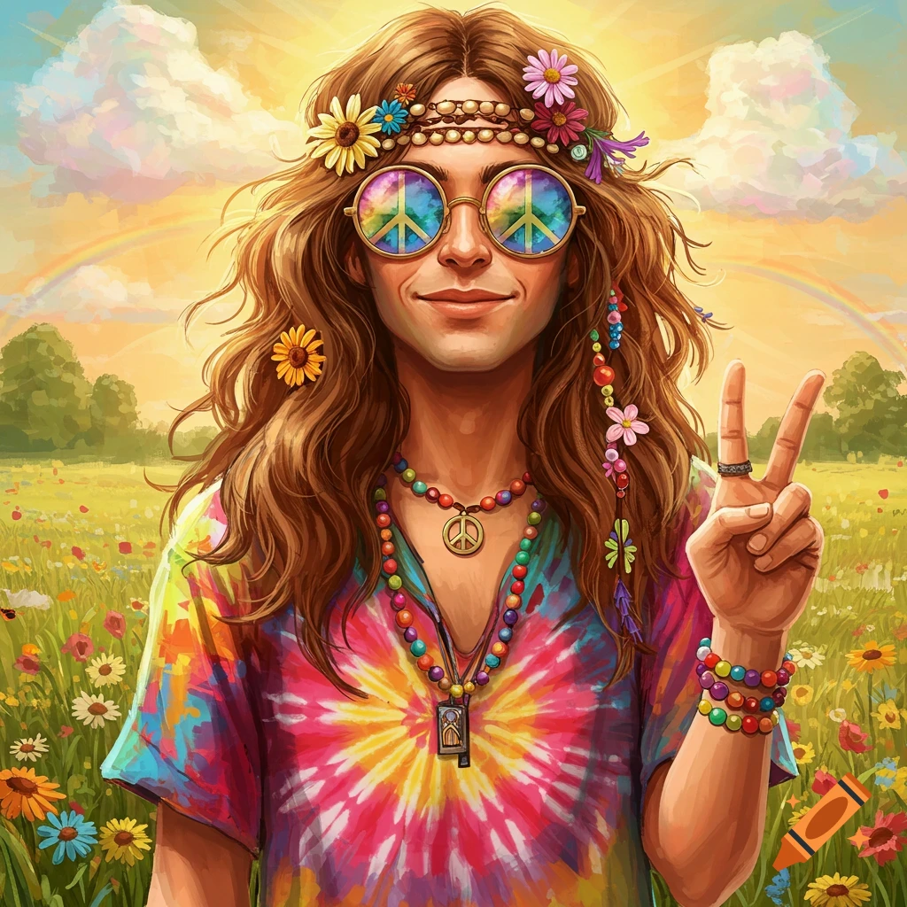 A vibrant illustration of a smiling hippie with a flowered headband ...