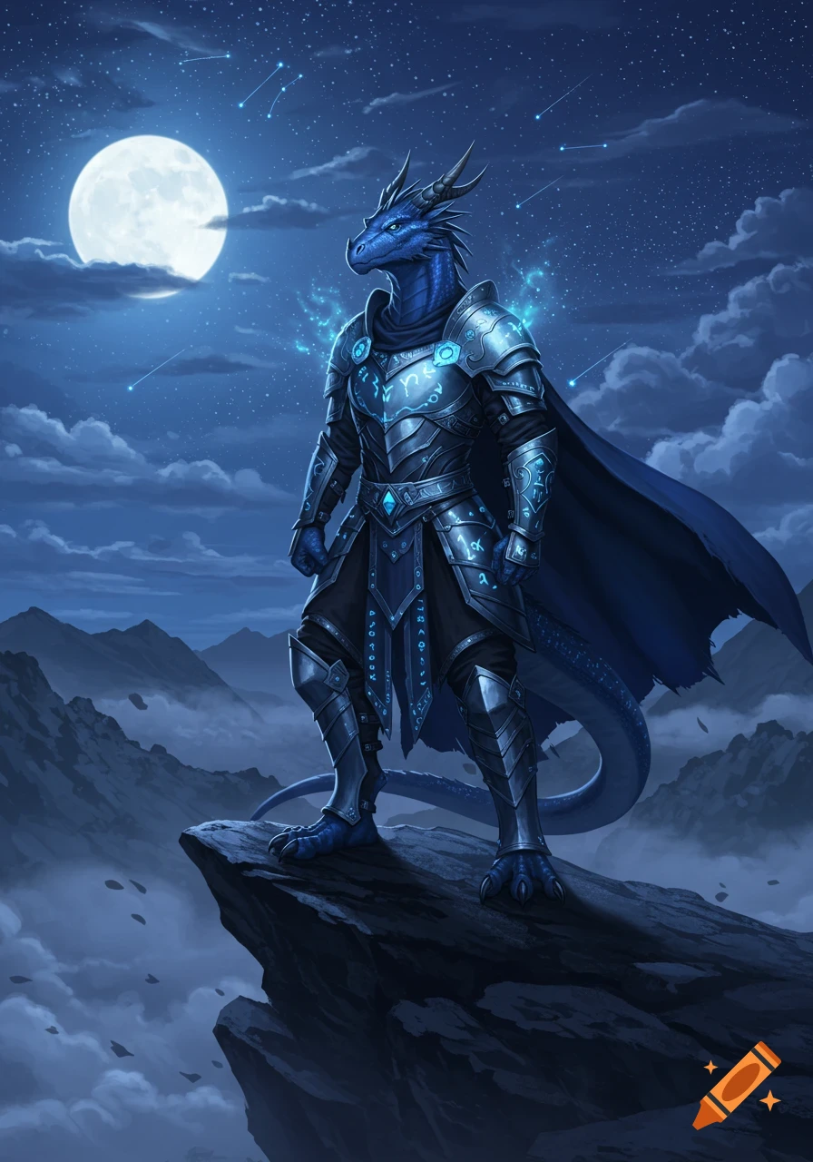 A blue dragonborn knight in ornate, glowing silver armor stands on a ...