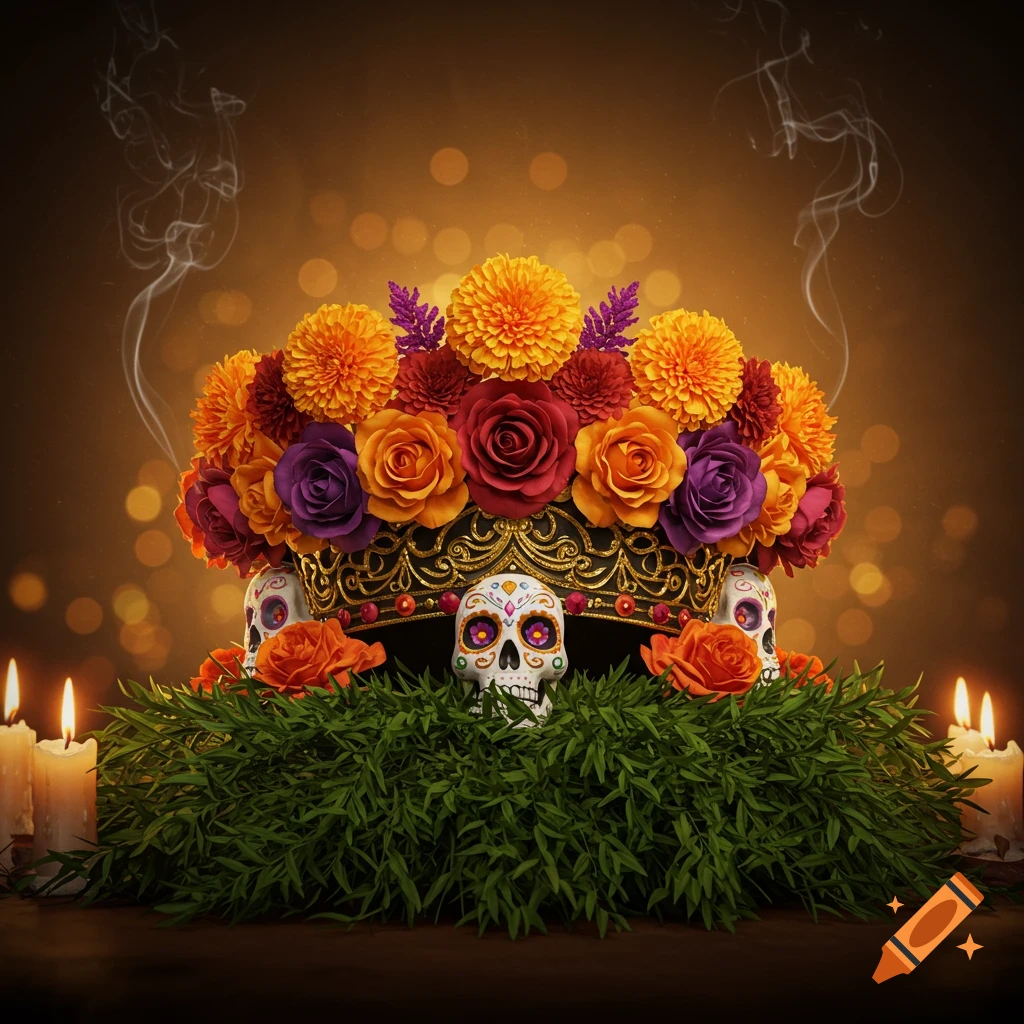 A vibrant Day of the Dead display with a crown, marigolds, roses, sugar ...