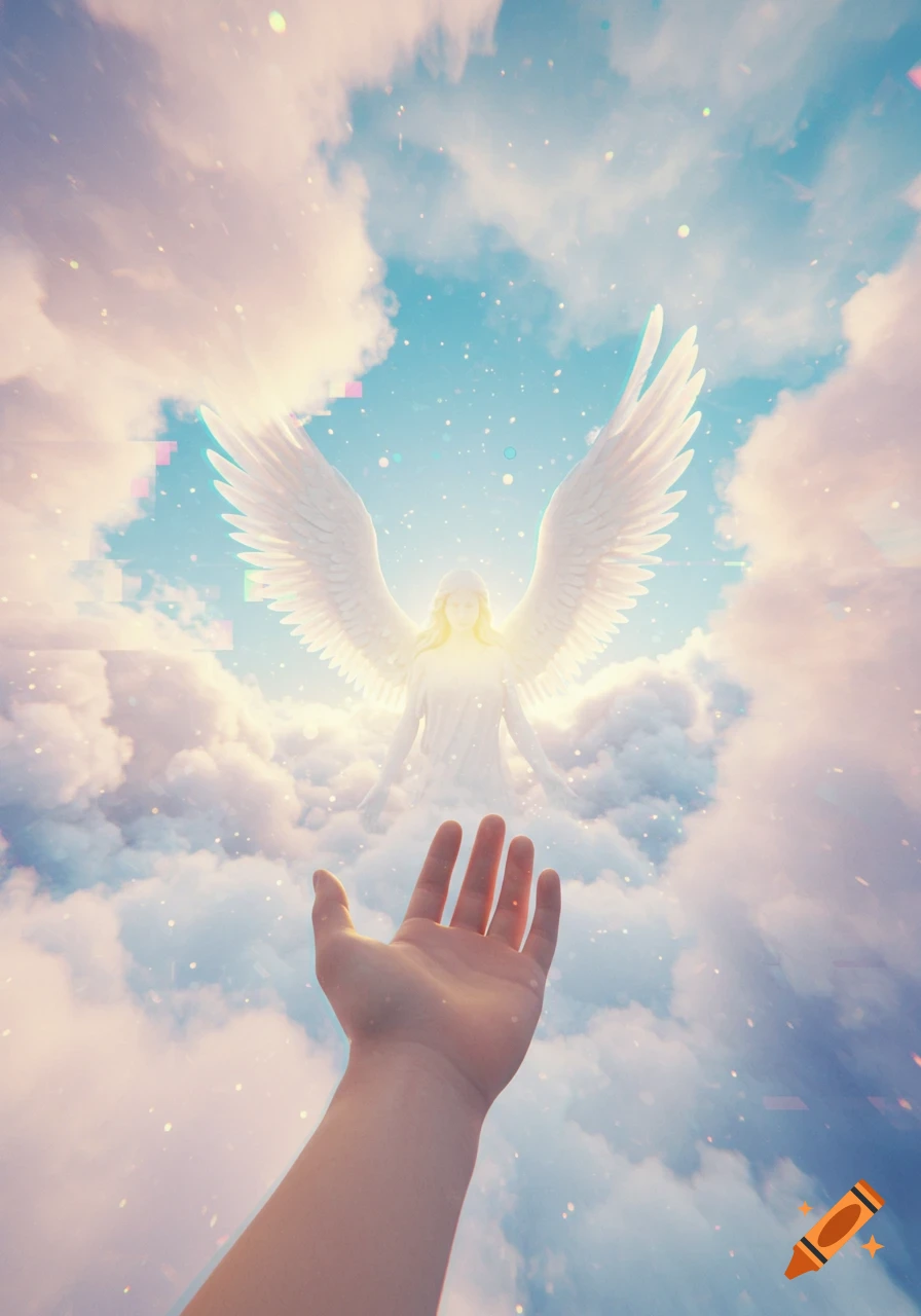 A first-person view of a hand reaching up towards a radiant angel with ...