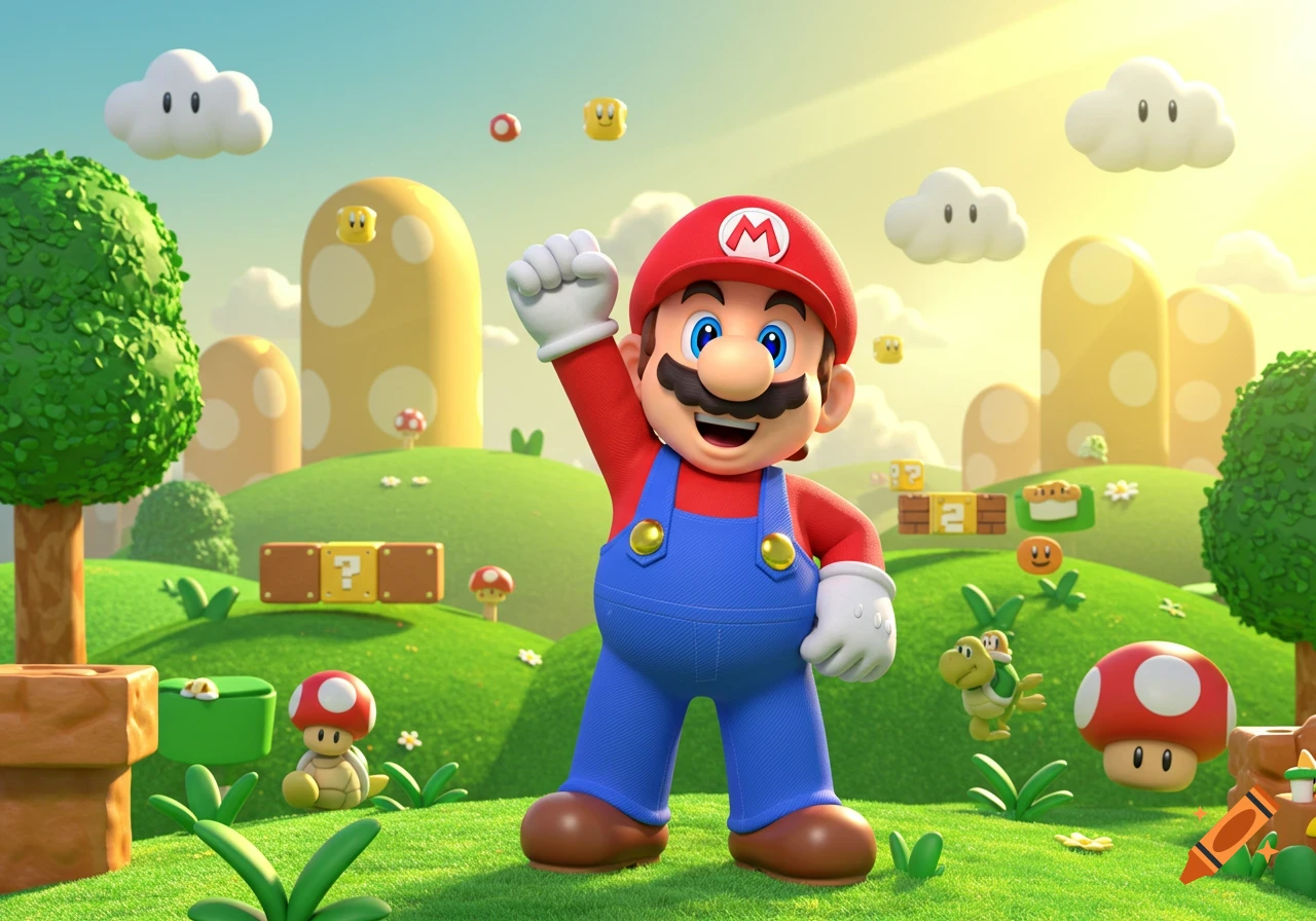 Mario stands with a raised fist in a vibrant, sunny 3D cartoon Super ...