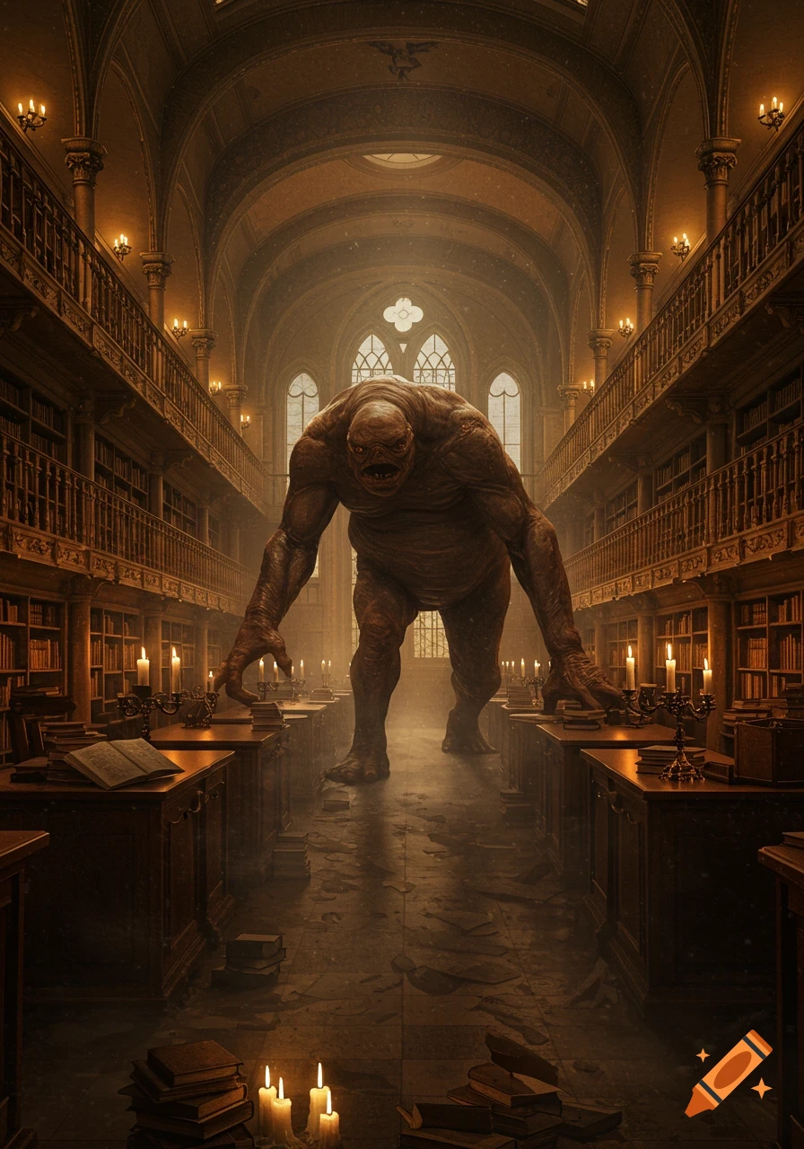 A towering, grotesque monster with red eyes looms in a dimly lit ...