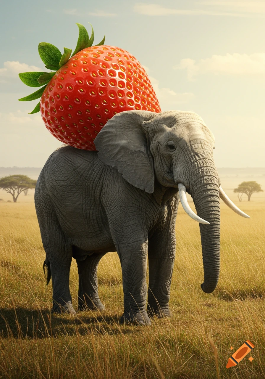A photorealistic elephant with a red, textured strawberry body stands ...