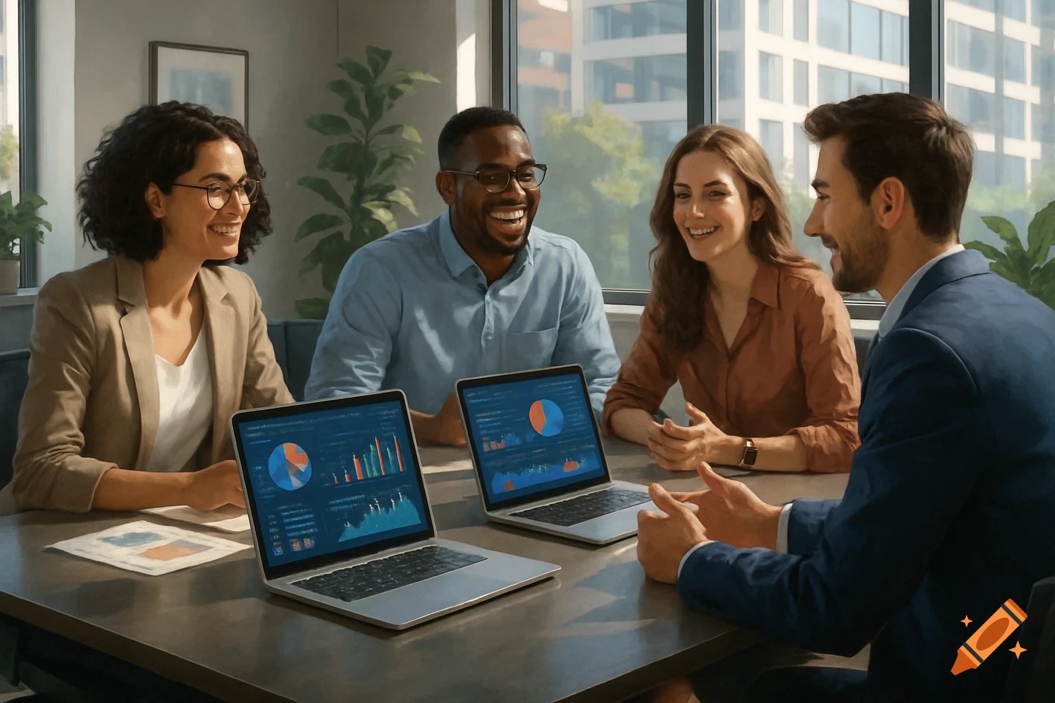 Four diverse business professionals smiling, collaborating around a laptop and documents with ...
