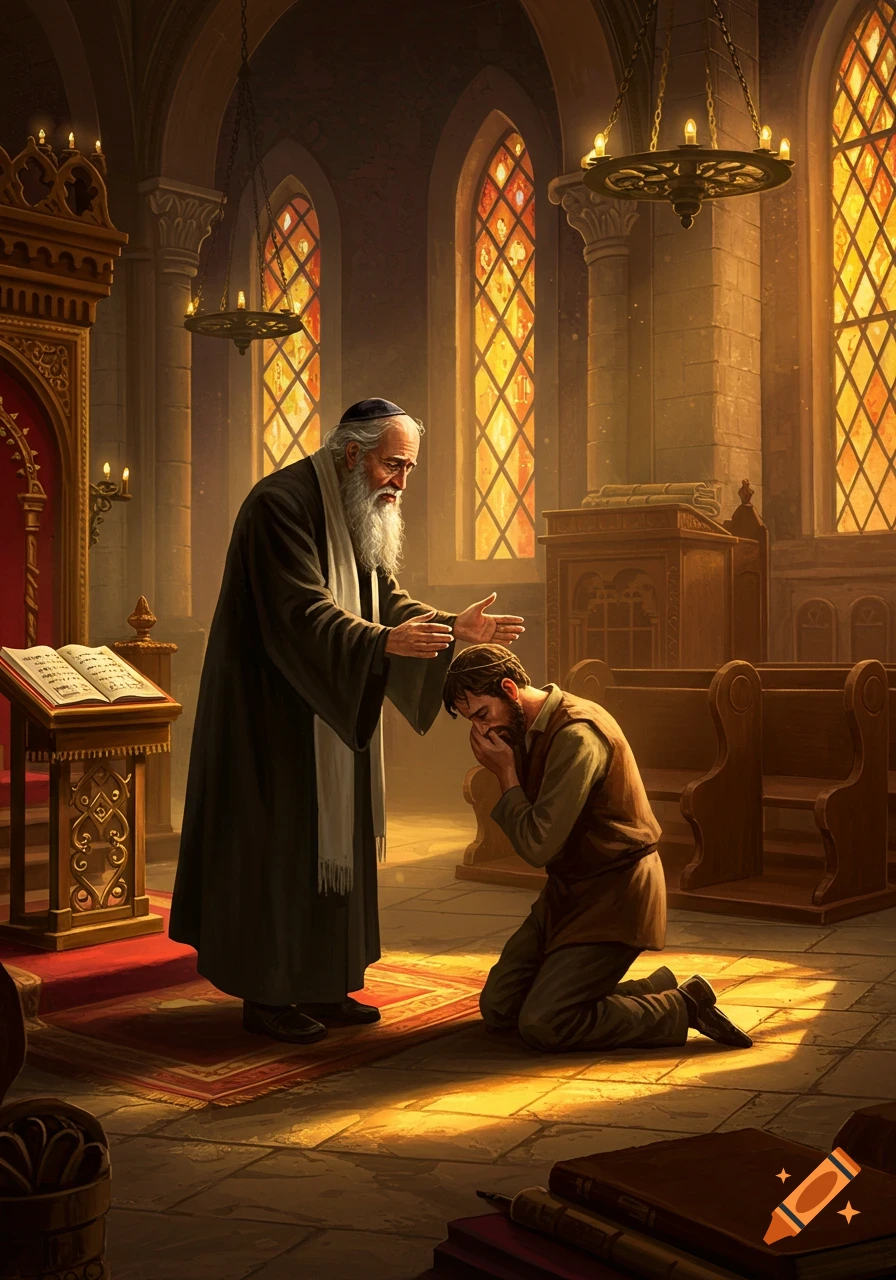 A woman kneels in a confessional booth, speaking to a priest through an ...