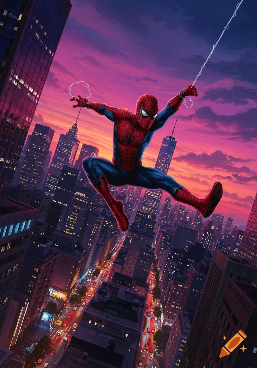 Spider-Man crouches, casting webs above a detailed cityscape at sunset ...