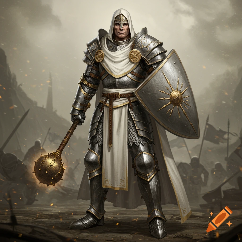 A paladin in shining armor holds a glowing sword aloft, standing on a ...