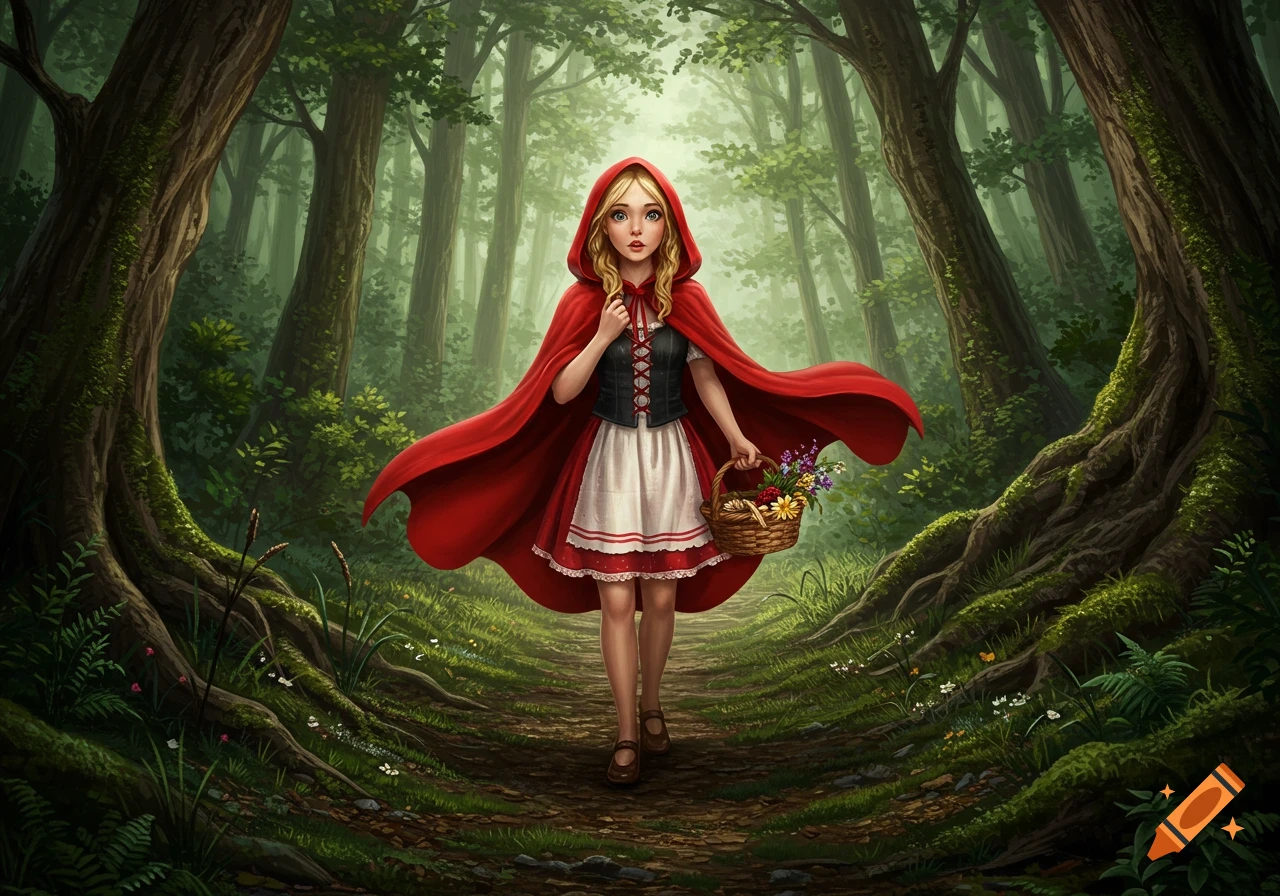 A cartoon illustration of Little Red Riding Hood walking through a ...