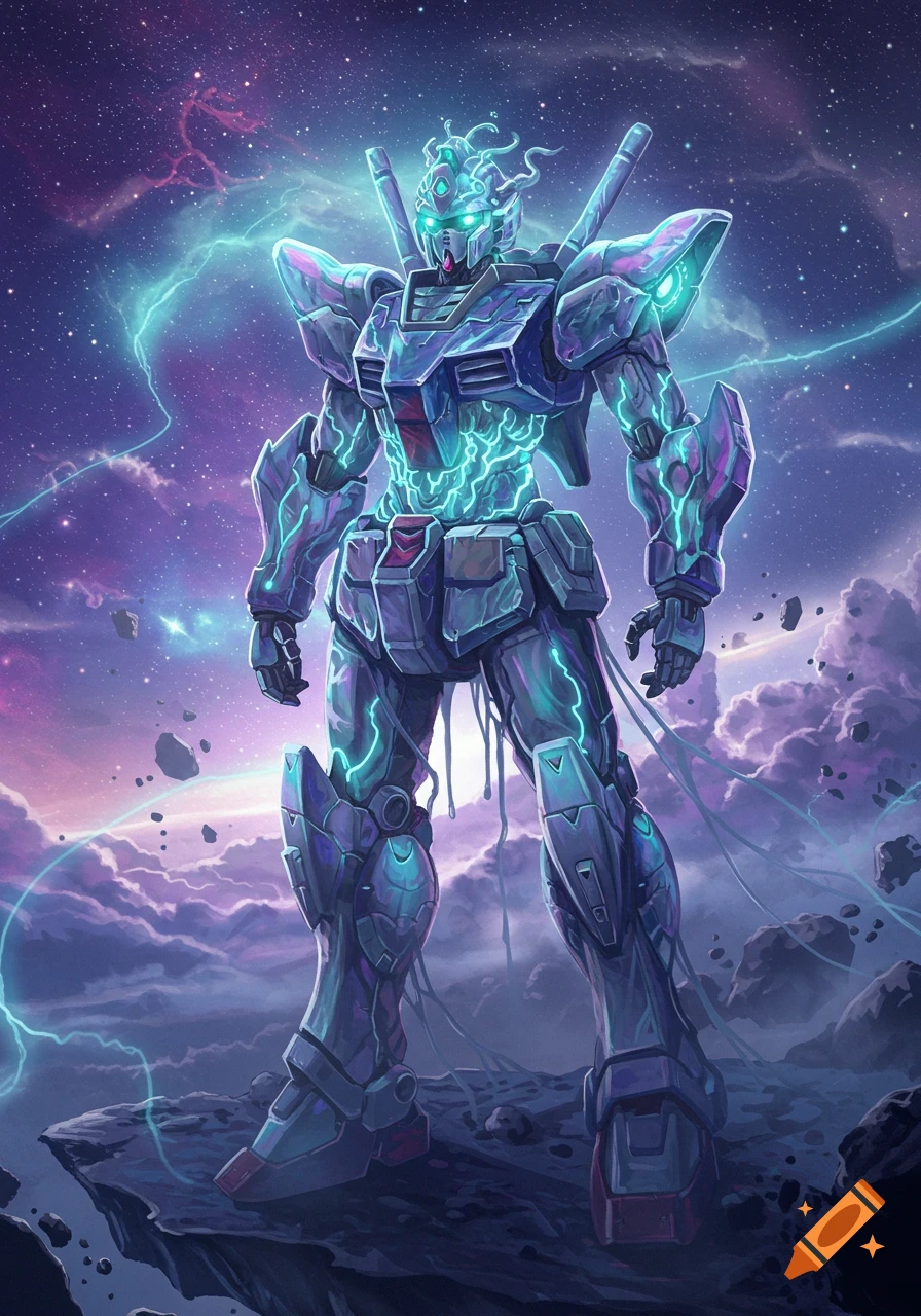 A glowing blue and purple mech stands on a rocky planet in a cosmic ...