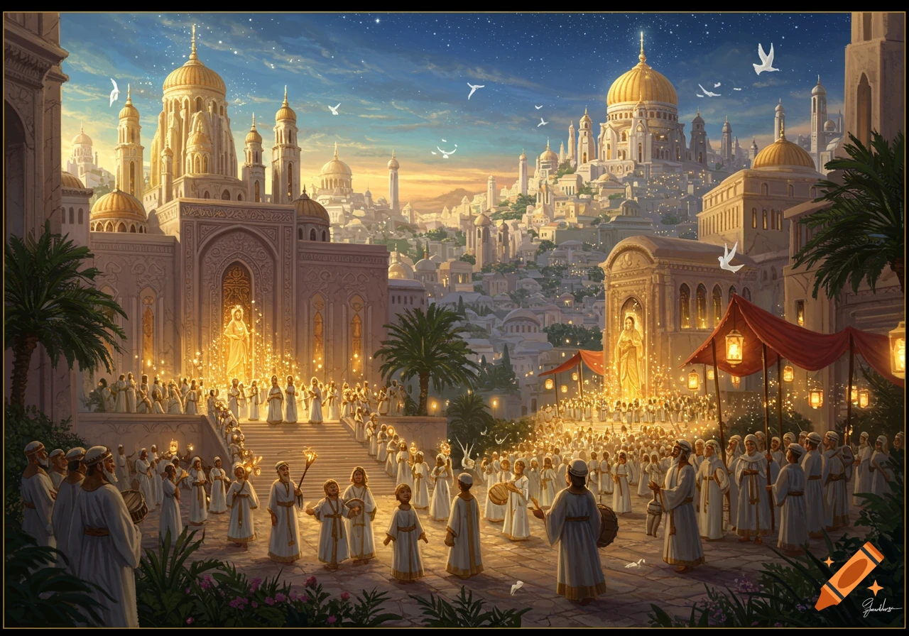 A radiant fantasy city with golden-domed buildings and a grand ...